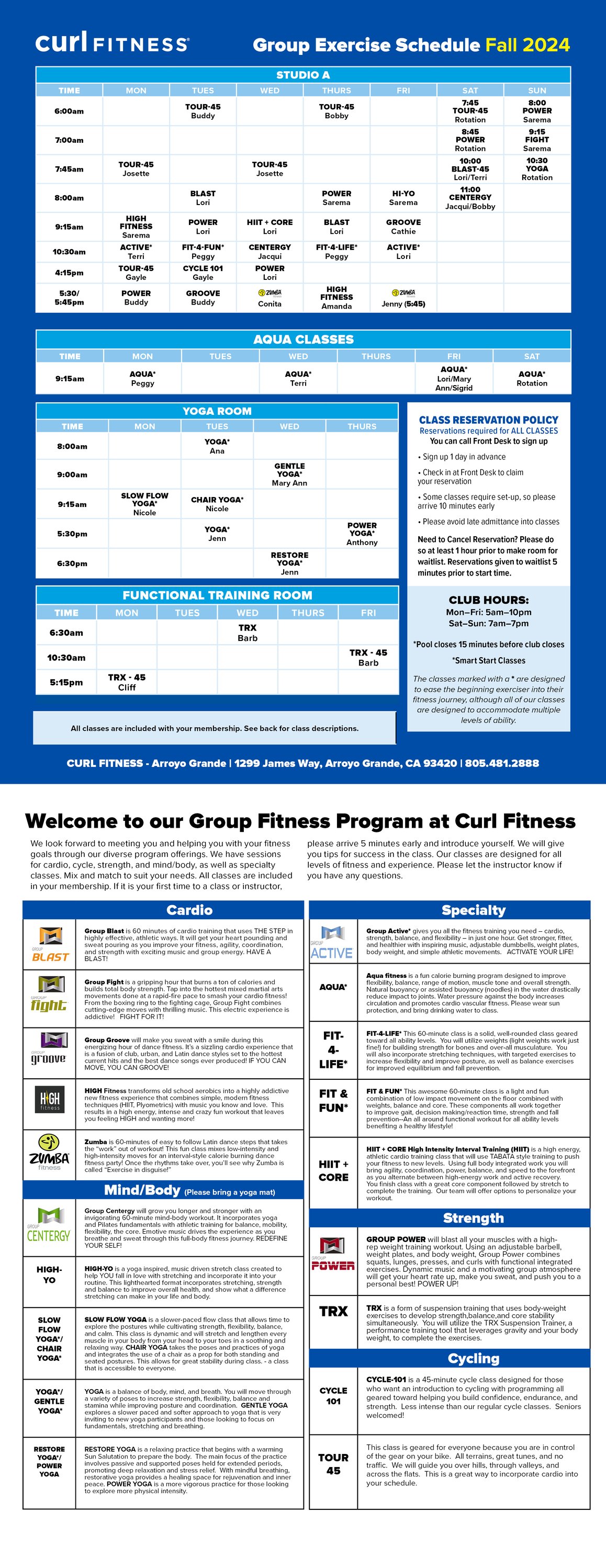 Curl Fitness Class Schedule
