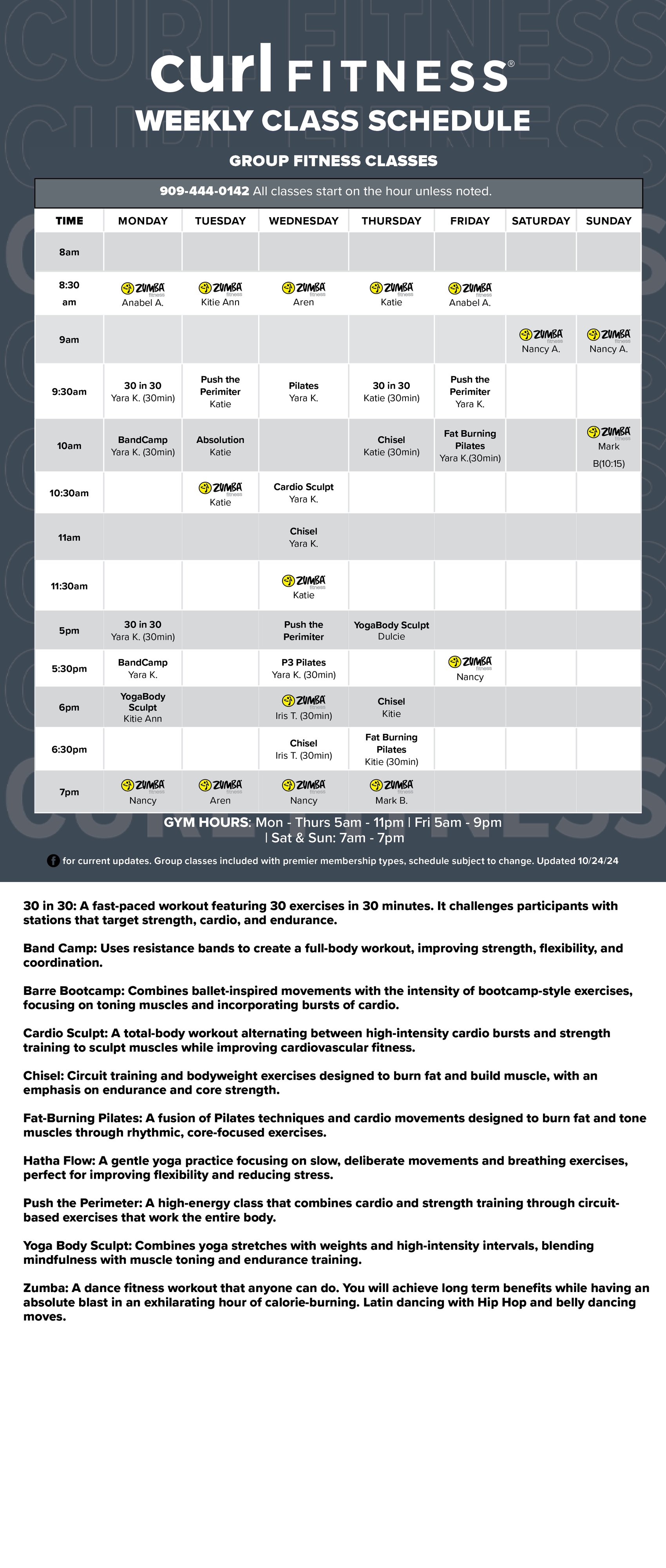 Curl Fitness Class Schedule