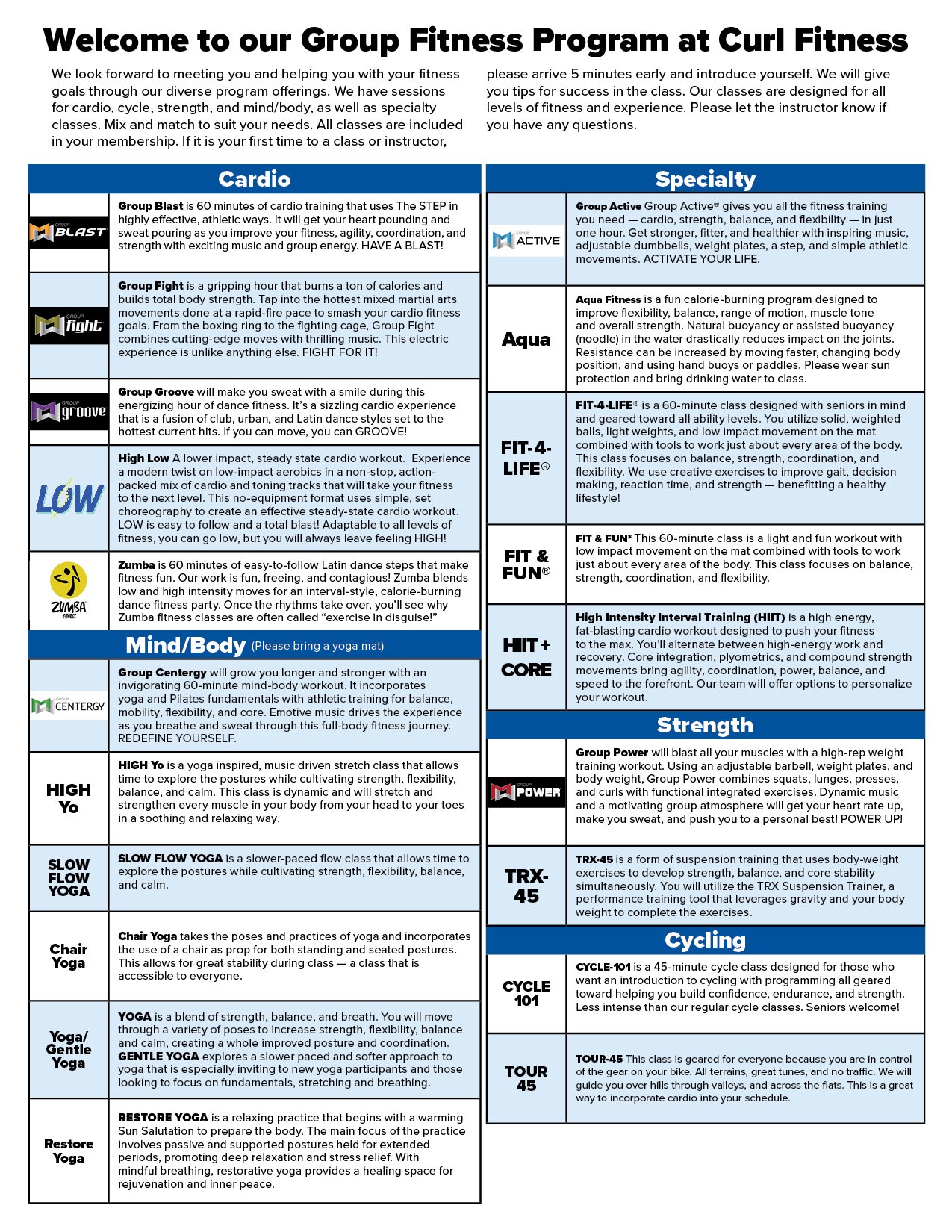 Curl Fitness Class Schedule