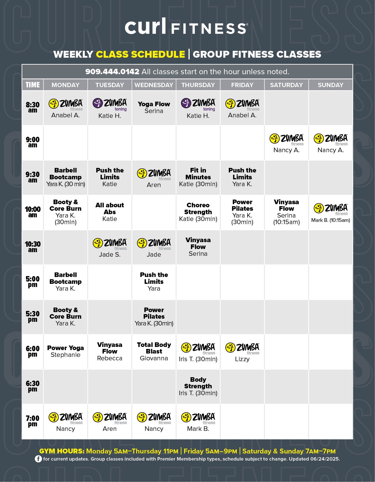 Curl Fitness Class Schedule