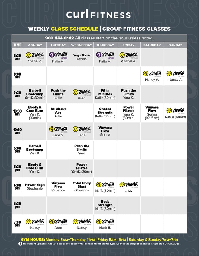 Curl Fitness Class Schedule